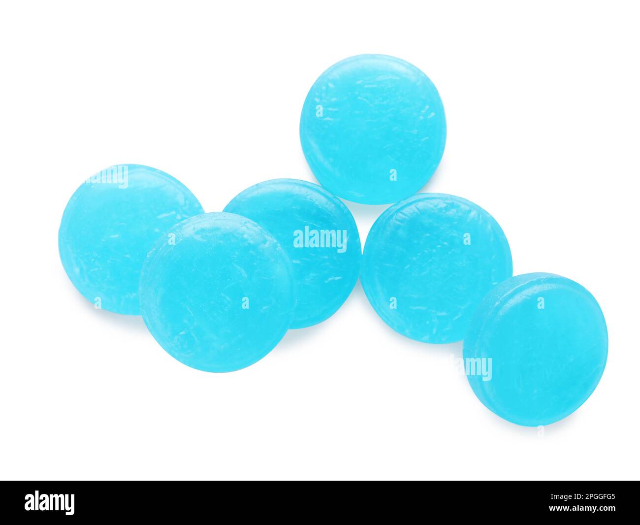 Many light blue cough drops on white background, top view Stock Photo ...