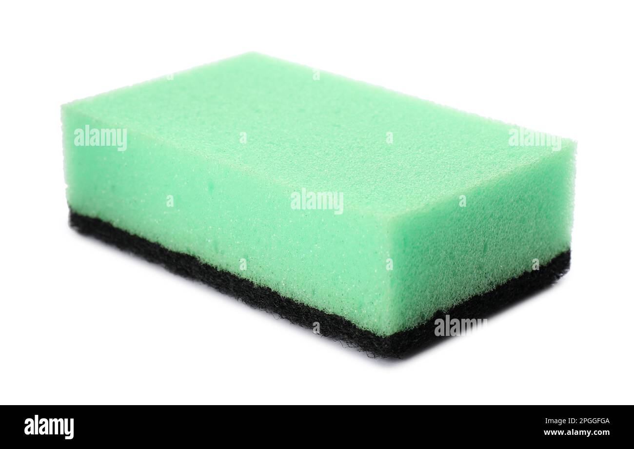 Green cleaning sponge with abrasive black scourer isolated on white ...