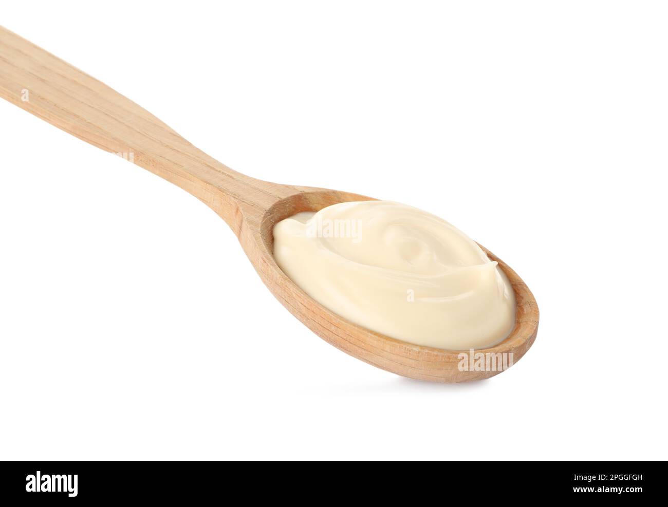 Wooden spoon with tasty mayonnaise isolated on white Stock Photo - Alamy
