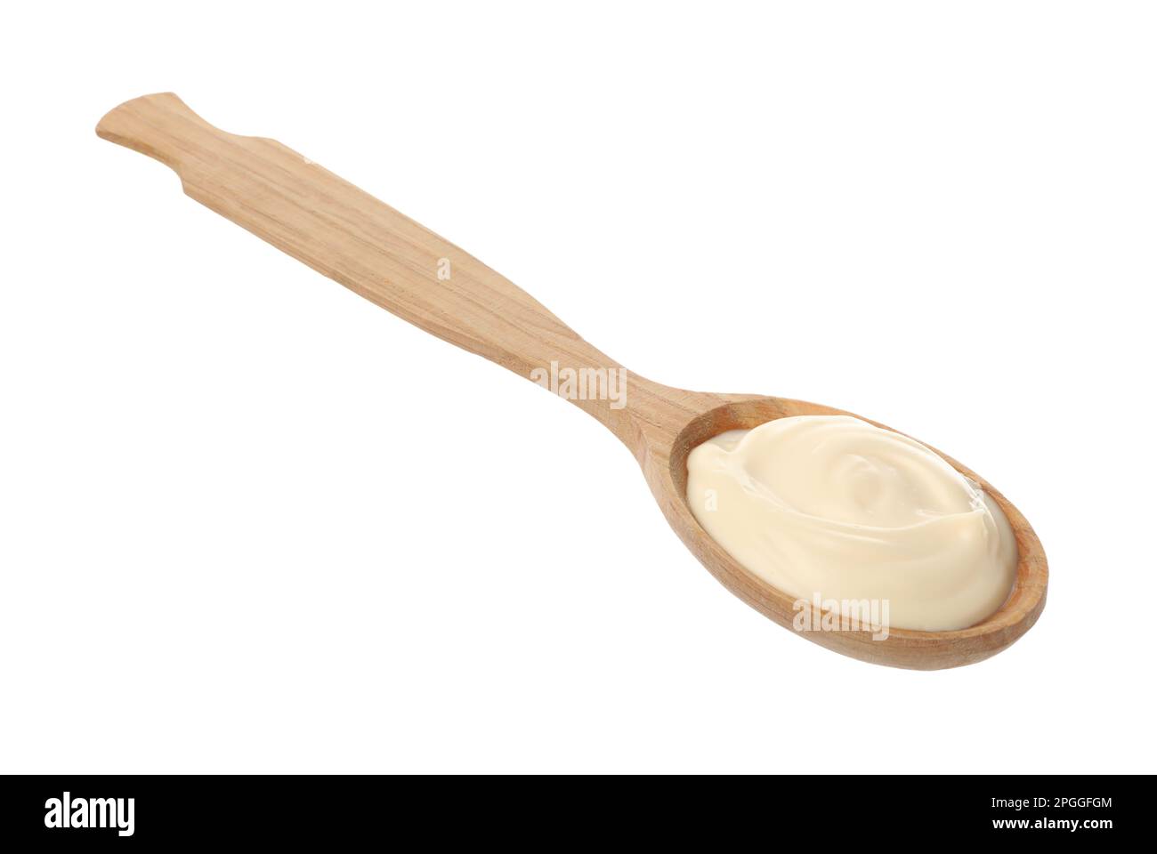 Wooden spoon with tasty mayonnaise isolated on white Stock Photo - Alamy