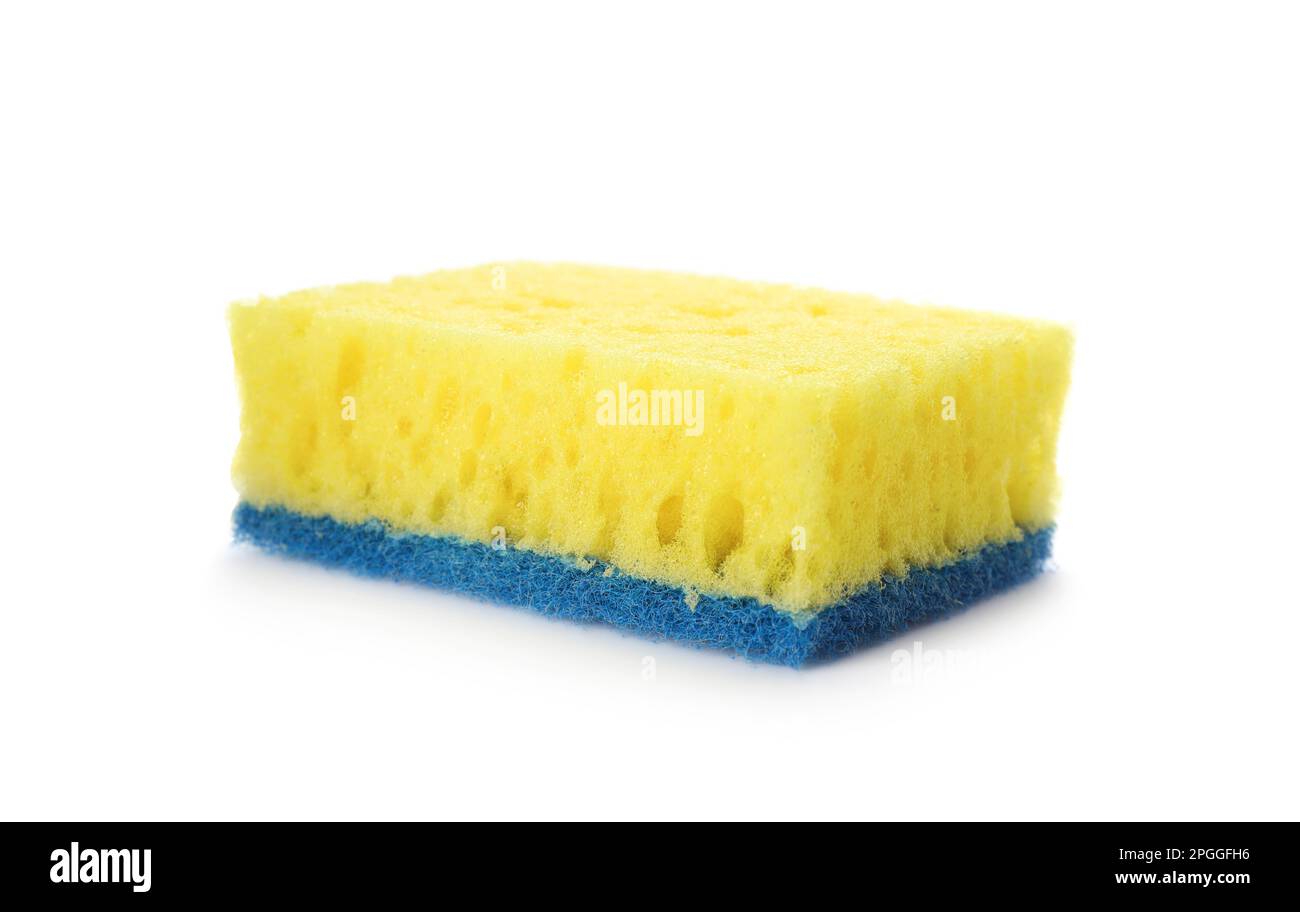 Yellow cleaning sponge with abrasive light blue scourer isolated on ...