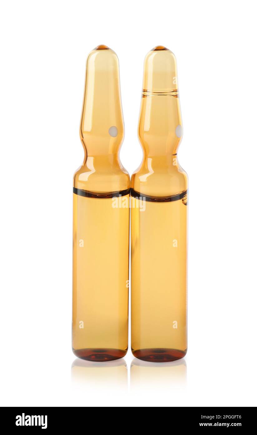 Brown pharmaceutical ampoules with medication on white background Stock ...