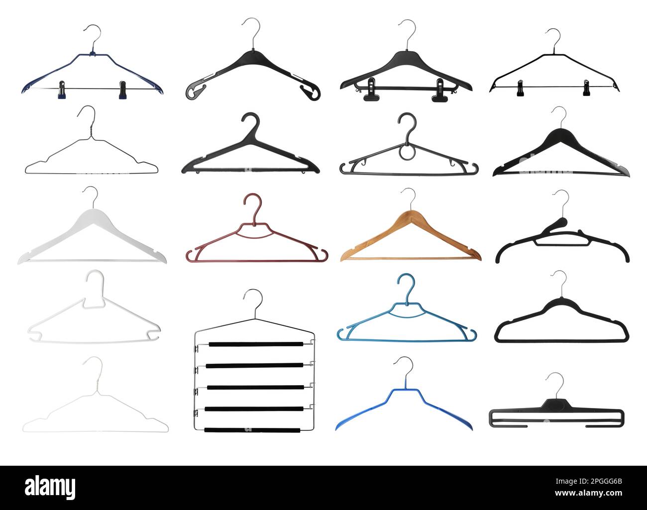 Set with different empty hangers on white background Stock Photo - Alamy