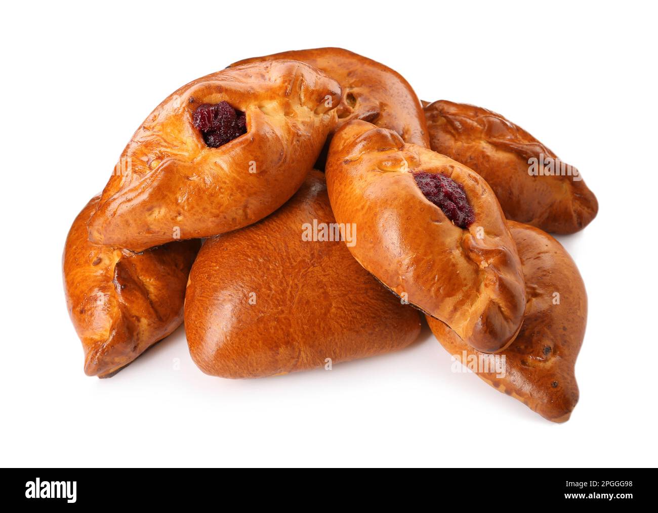 Many delicious baked patties on white background Stock Photo - Alamy