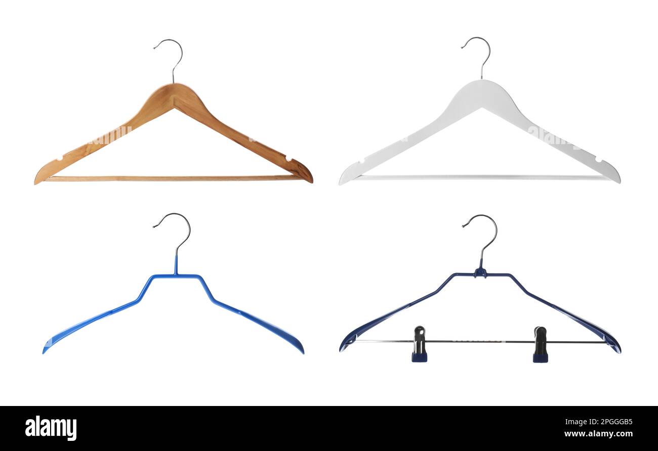Set with different empty hangers on white background Stock Photo - Alamy