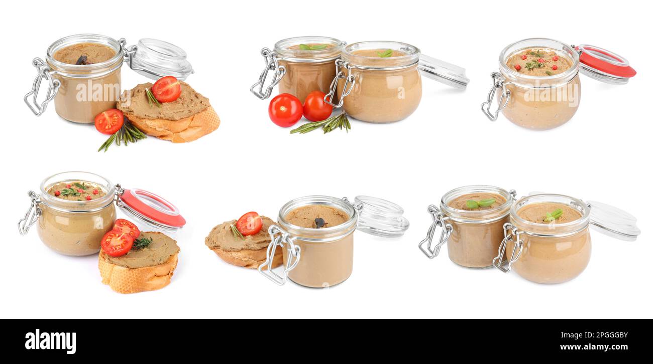 Glass jars with delicious liver pate on white background, collage ...