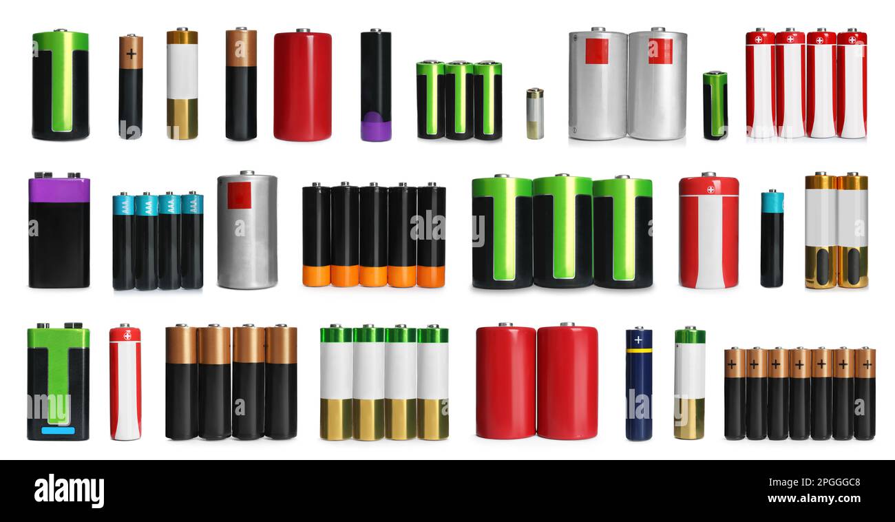 Many batteries of different types on white background, collage. Banner ...