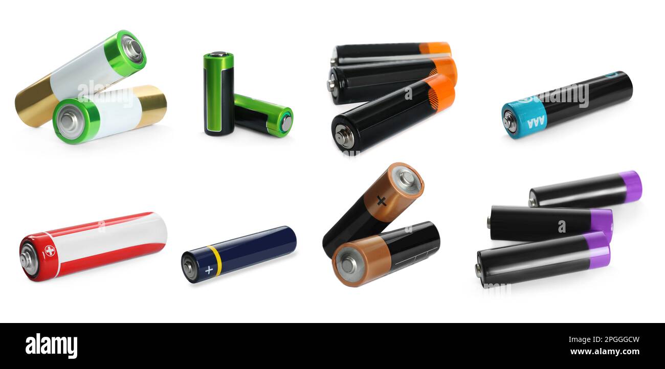 Many batteries of different types on white background, collage. Banner ...