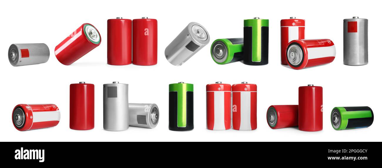 New D batteries on white background, collage. Banner design Stock Photo ...