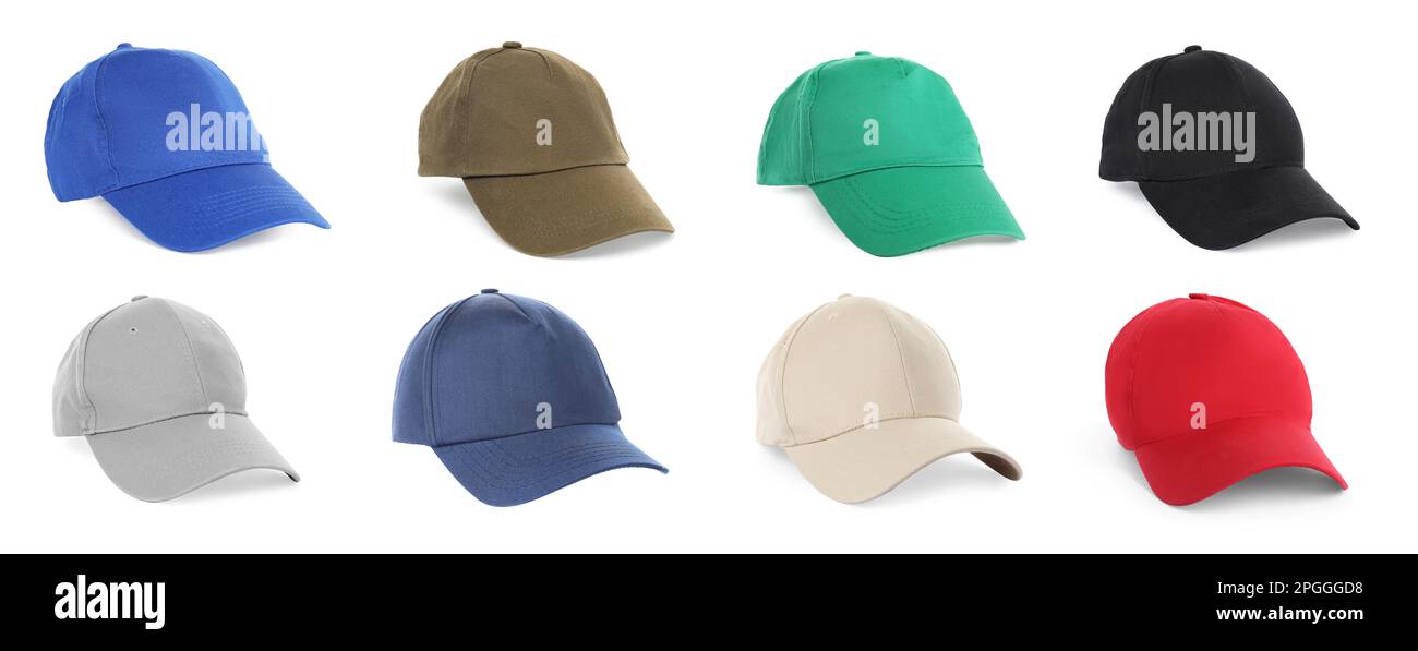 Set with stylish baseball caps on white background. Banner design Stock ...