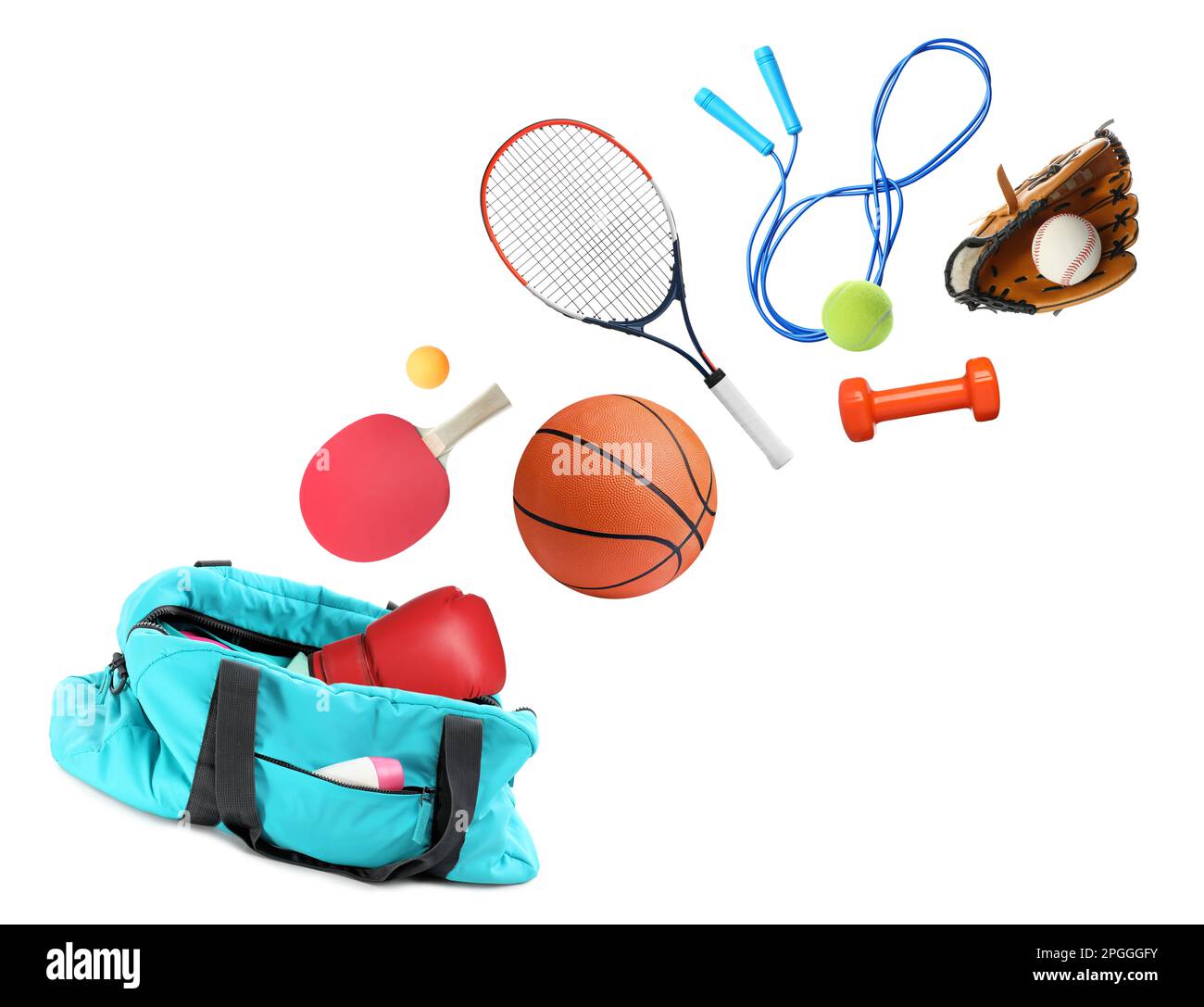 Sports bag and different gym stuff flying on white background Stock ...