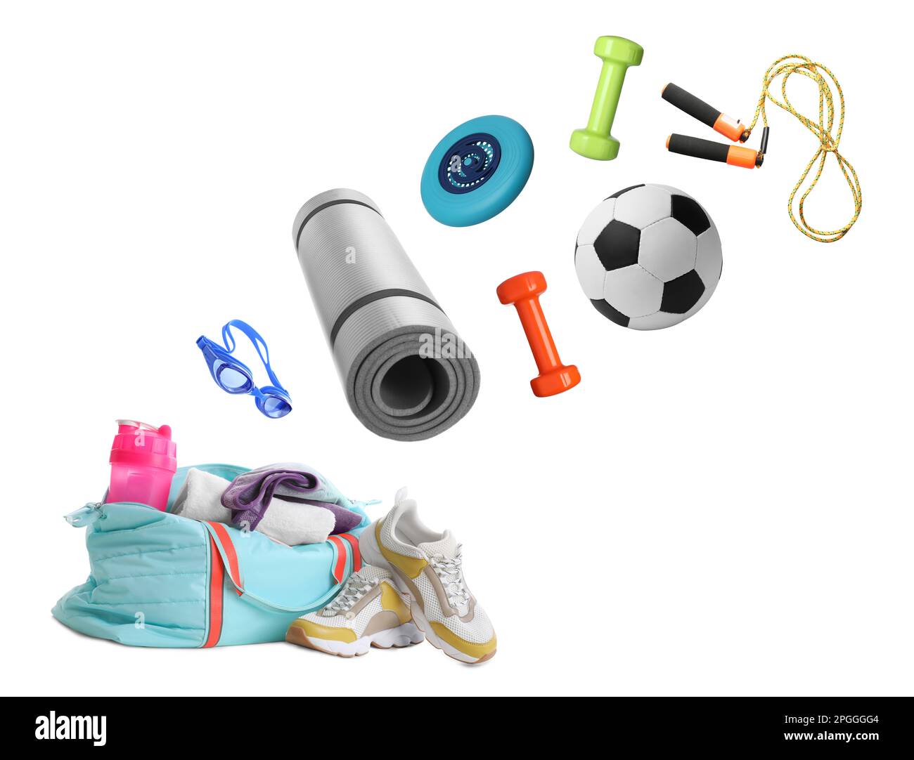 Sports bag and different gym stuff flying on white background Stock ...