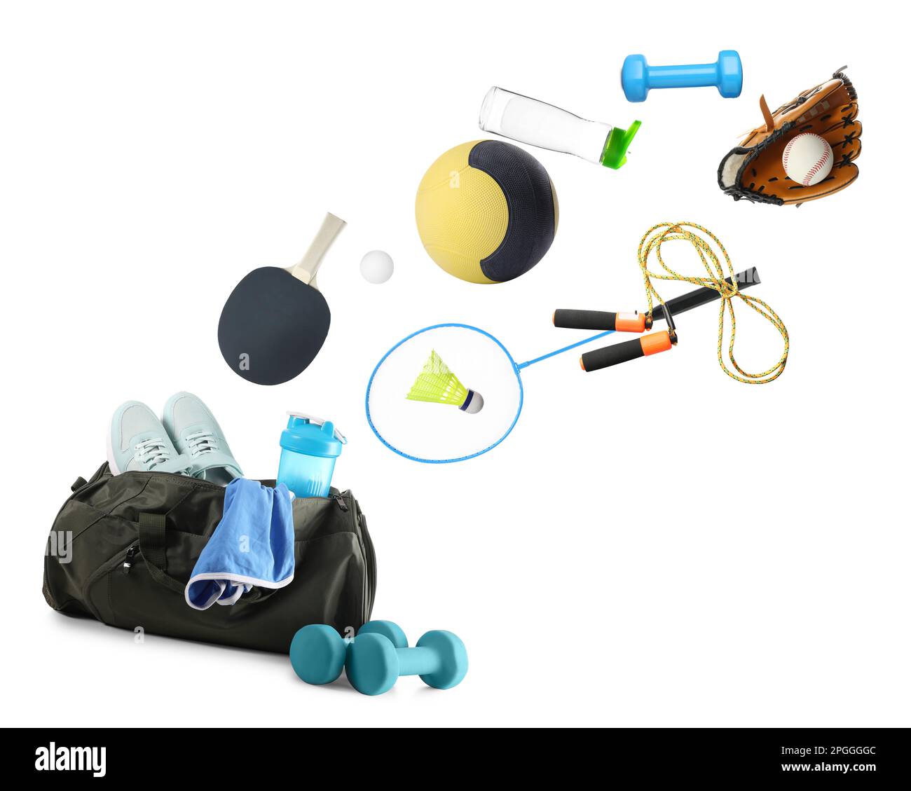 Sports bag and different gym stuff flying on white background Stock ...