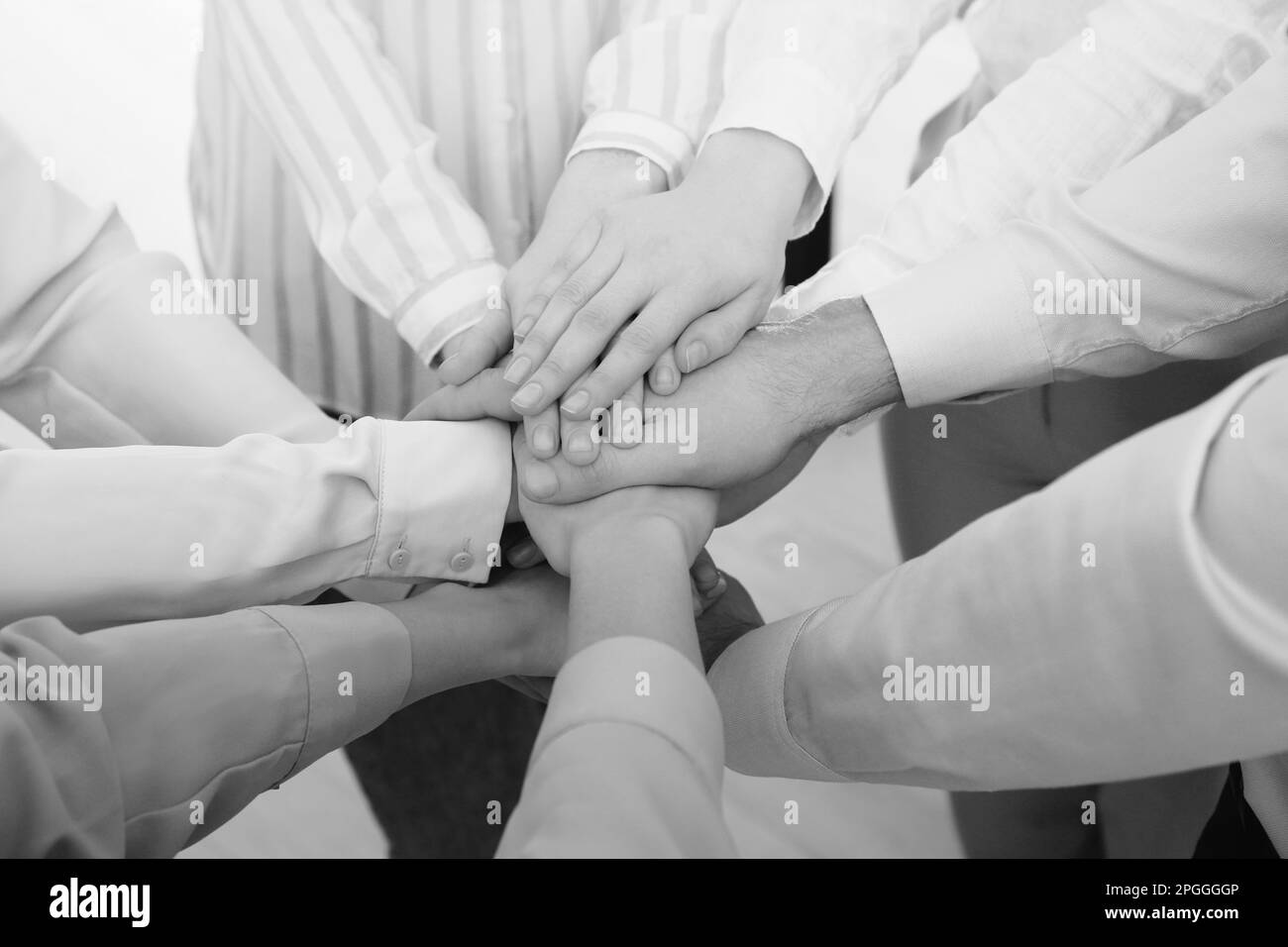 People holding hands together in office, closeup. Black and white ...