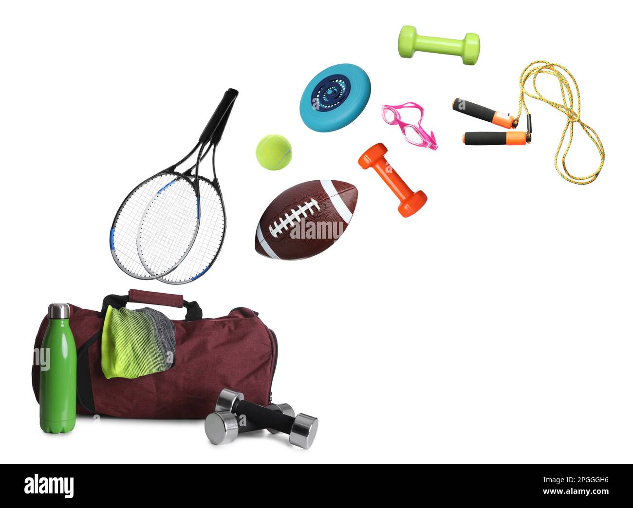 Sports bag and different gym stuff flying on white background Stock ...