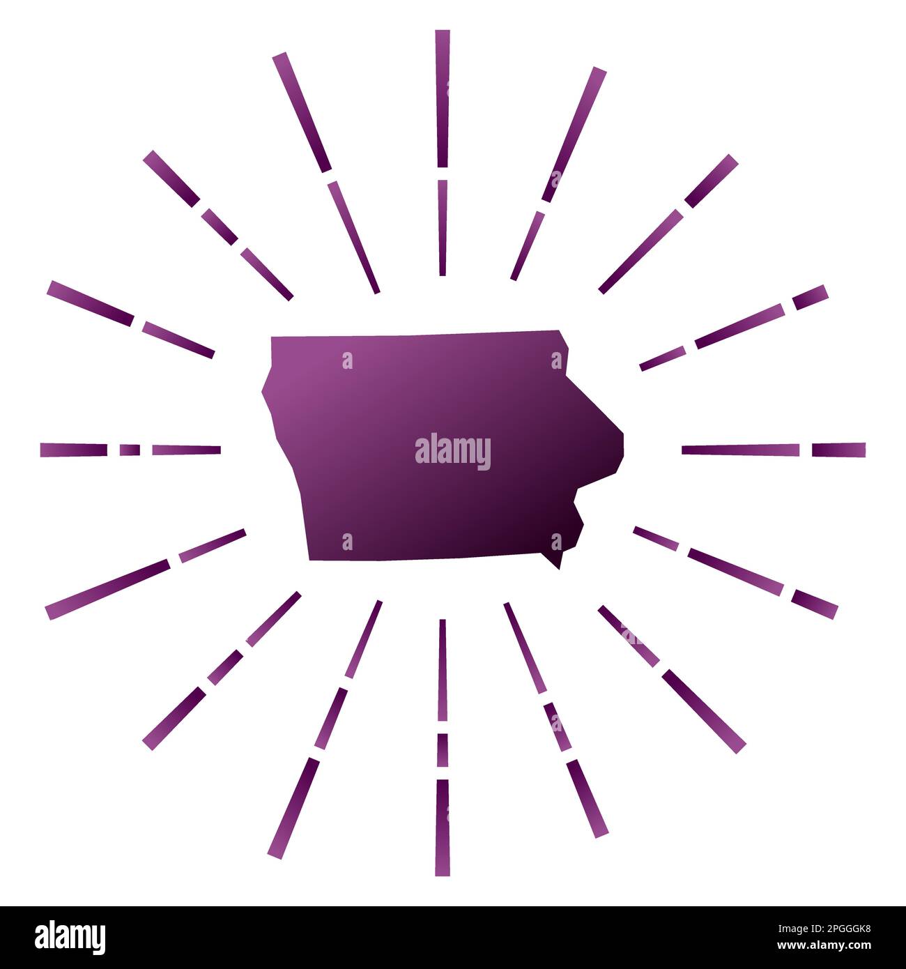 Iowa gradiented sunburst. Map of the US state with colorful star rays ...