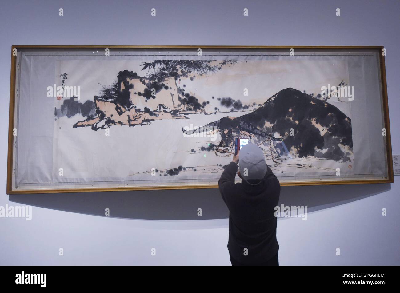 HANGZHOU, CHINA - MARCHA 23, 2023 - visitor looks at Pan Tianshou's ...