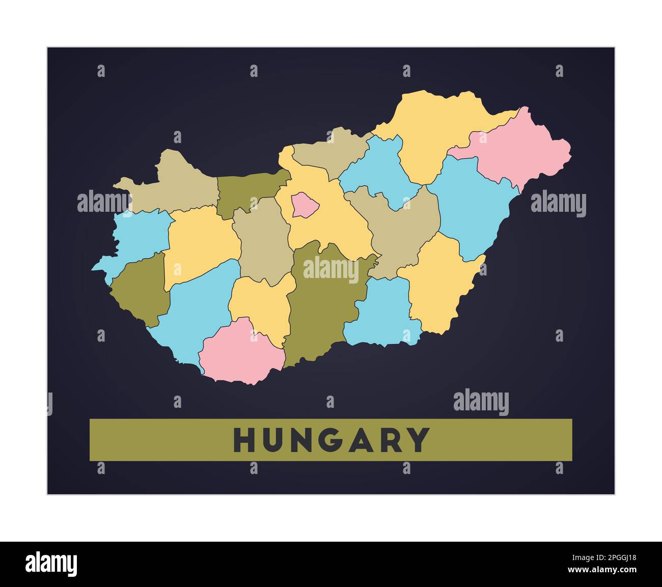 Hungary map. Country poster with regions. Shape of Hungary with country ...