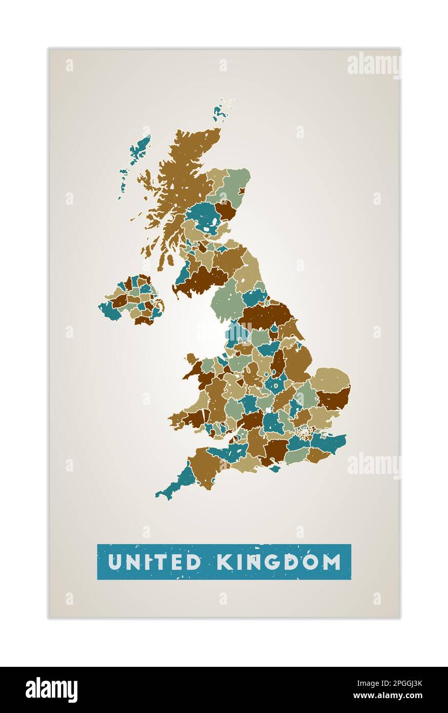 United Kingdom map. Country poster with regions. Old grunge texture ...