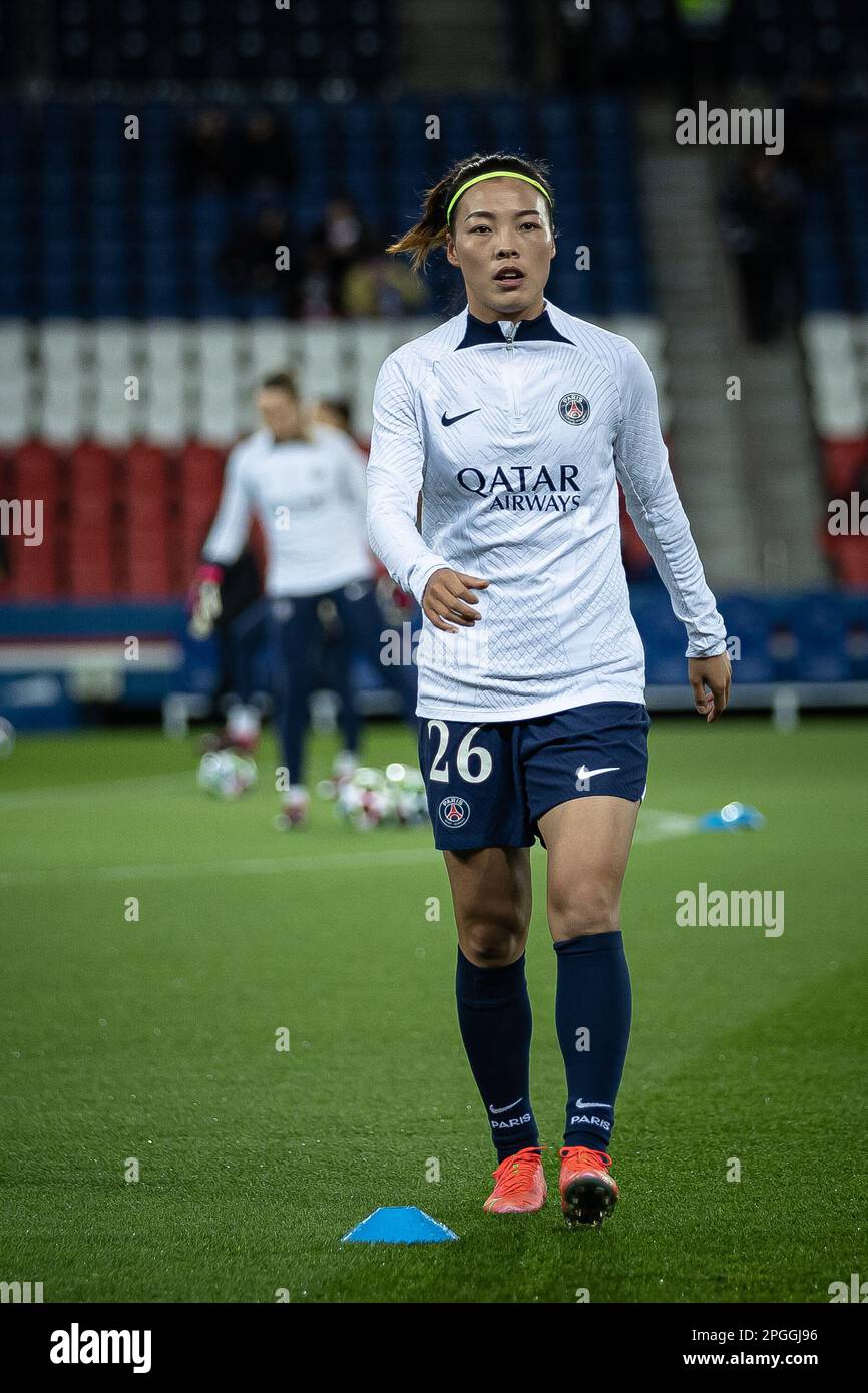 Paris, France. 22nd Mar, 2023. Li Mengwen of Paris Saint-Germain warms ...