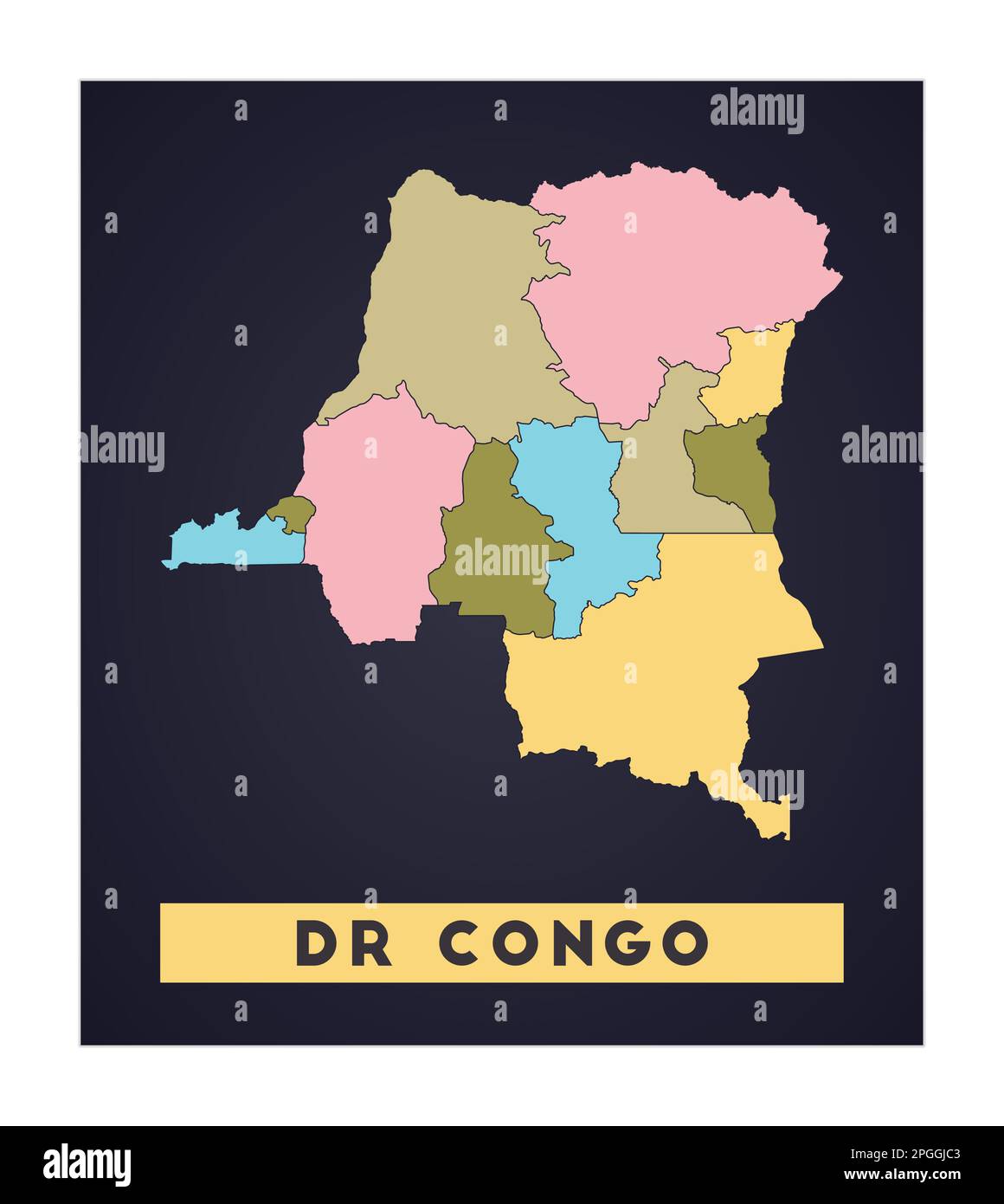 DR Congo map. Country poster with regions. Shape of DR Congo with ...