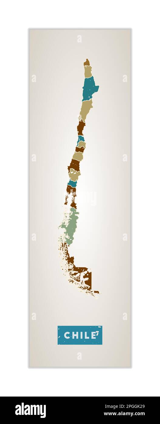 Chile map. Country poster with regions. Old grunge texture. Shape of ...
