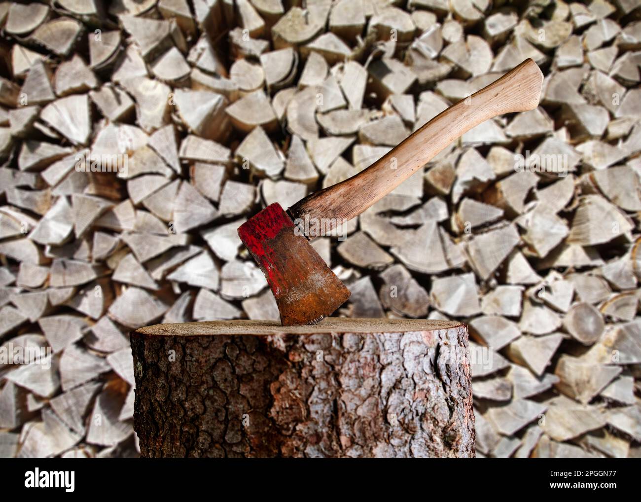 Axe on chopping block in front of wooden bend, Black Forest, Baden ...