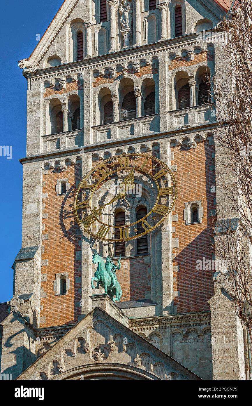 Tower clock and ornamental monument, neo-Romanesque parish church of St ...