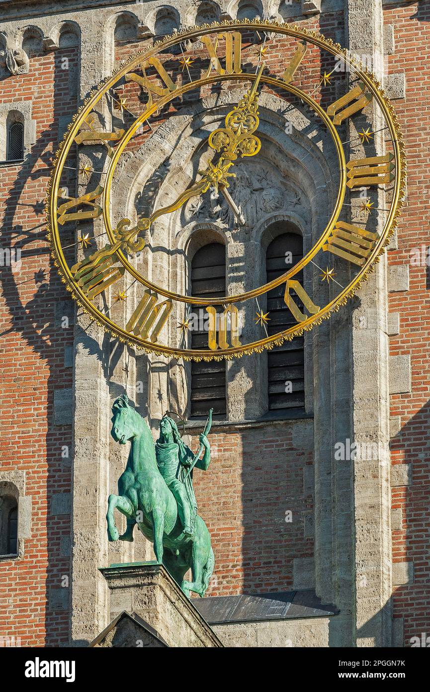 Tower clock and ornamental monument, neo-Romanesque parish church of St ...