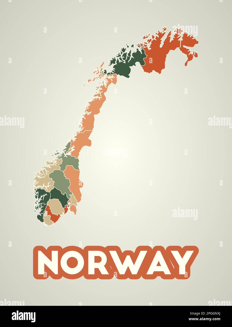 Norway poster in retro style. Map of the country with regions in autumn ...