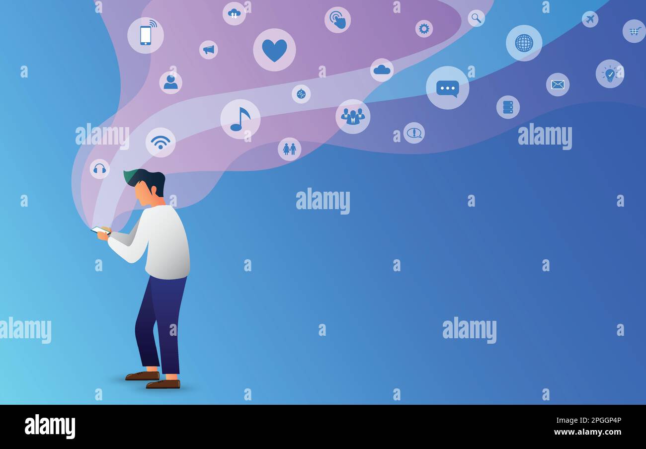 Man walking and text on mobile phone. man looking at smartphone. Icons ...