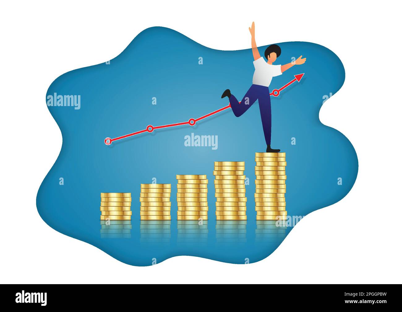 Man step up on increasing columns of gold coins. Financial chart up. vector illustration Stock ...