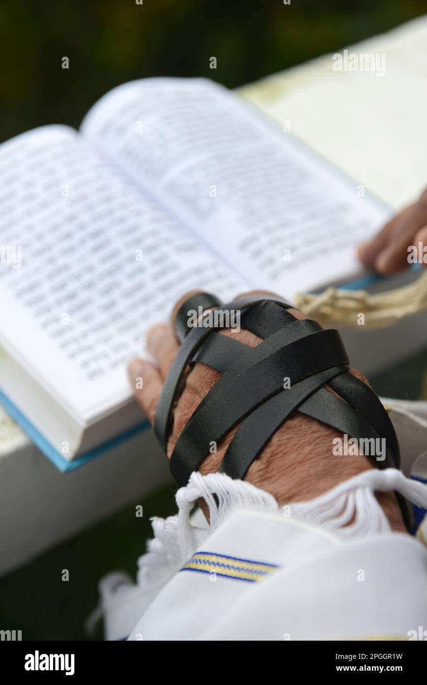 A Jewish man wearing Talit and Tefillin during Shacharit ( morning ...
