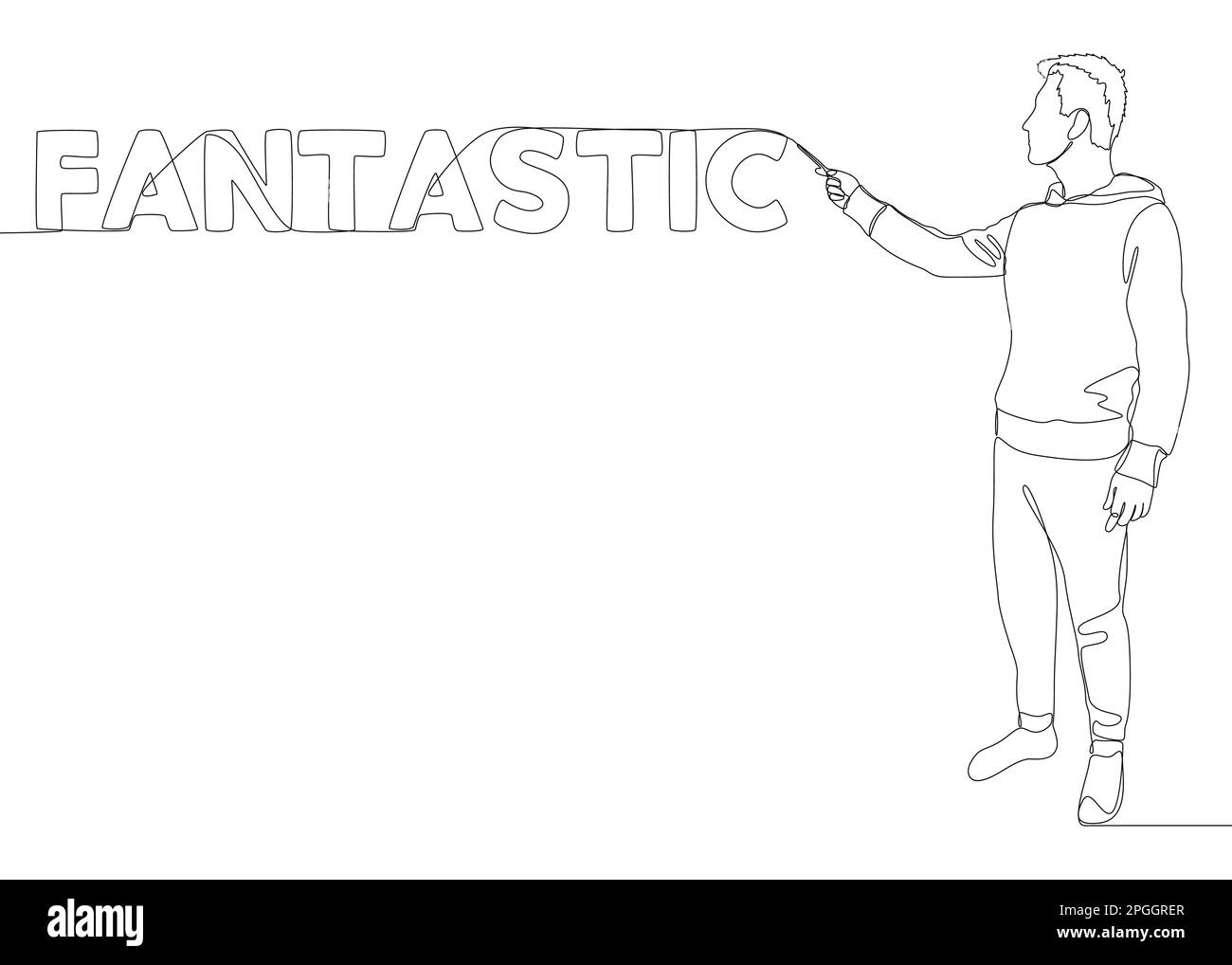 One Continuous Line Of Man Pointing With Finger At Fantastic Word Thin Line Illustration Vector