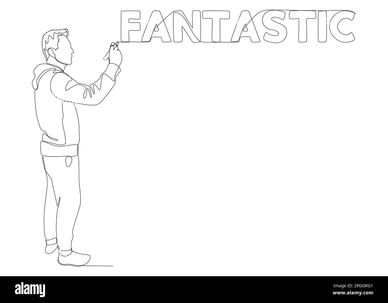 One Continuous Line Of Man Pointing With Finger At Fantastic Word Thin