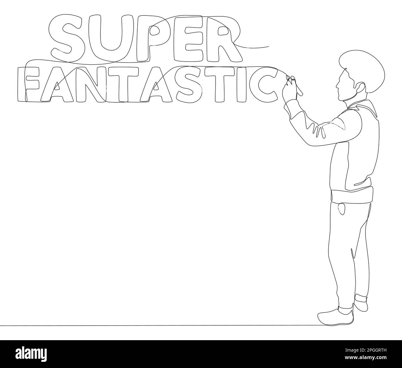 One Continuous Line Of Man Pointing With Finger At Super Fantastic Word