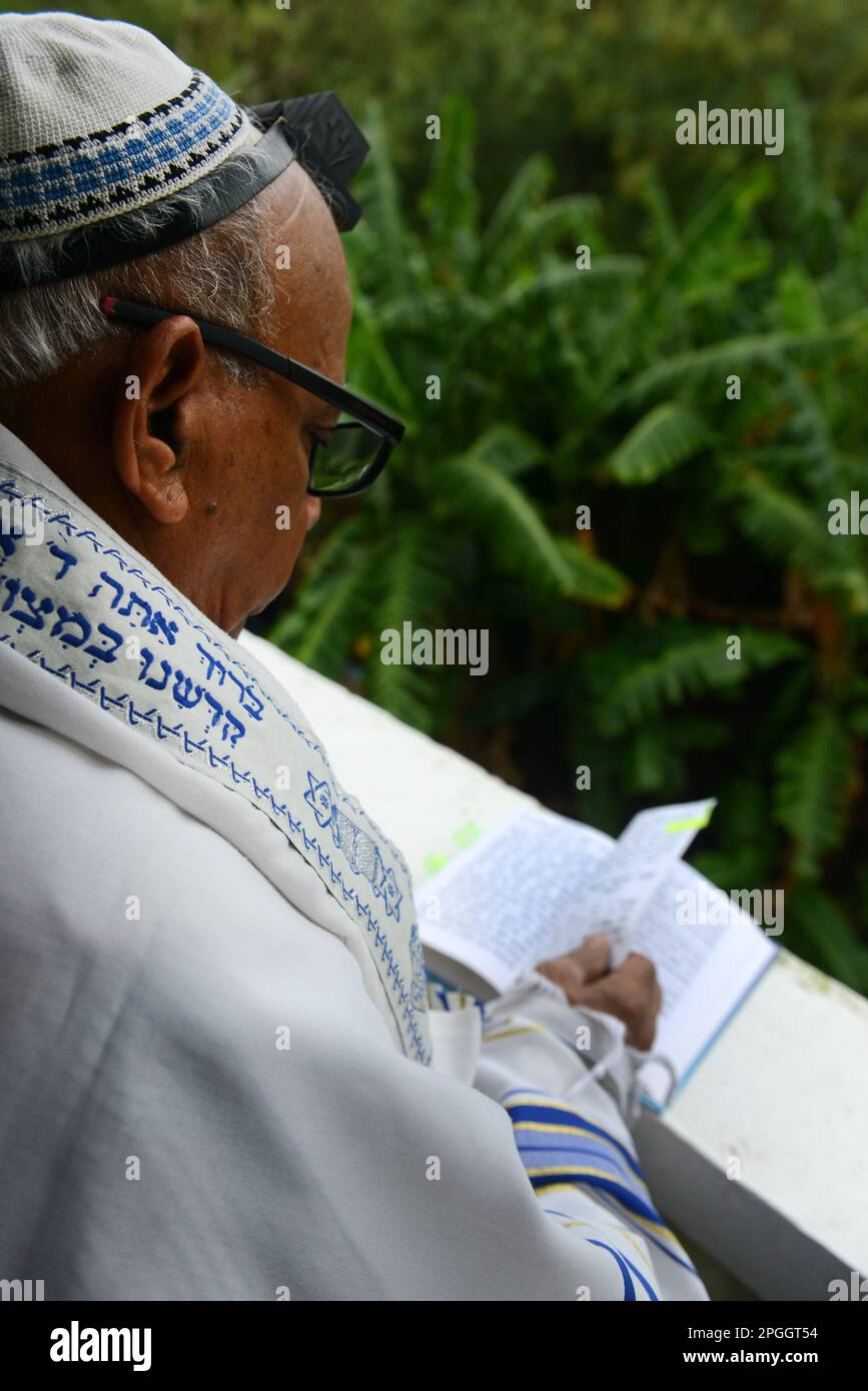 A Jewish man wearing Talit and Tefillin during Shacharit ( morning ...