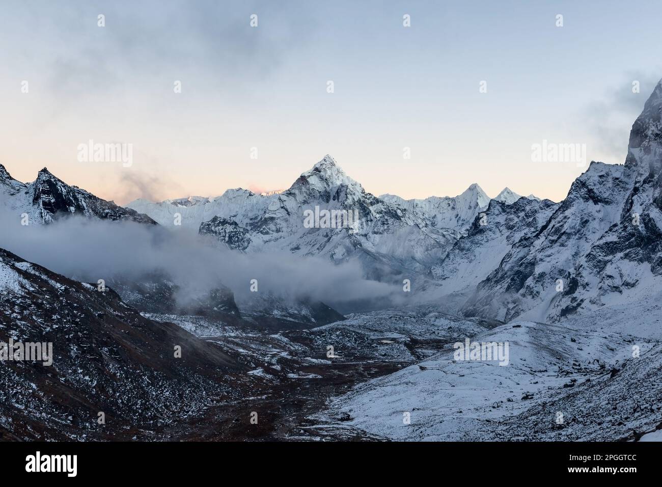 Monochrome mountain view of Ama Dablam summit on the famous Everest ...