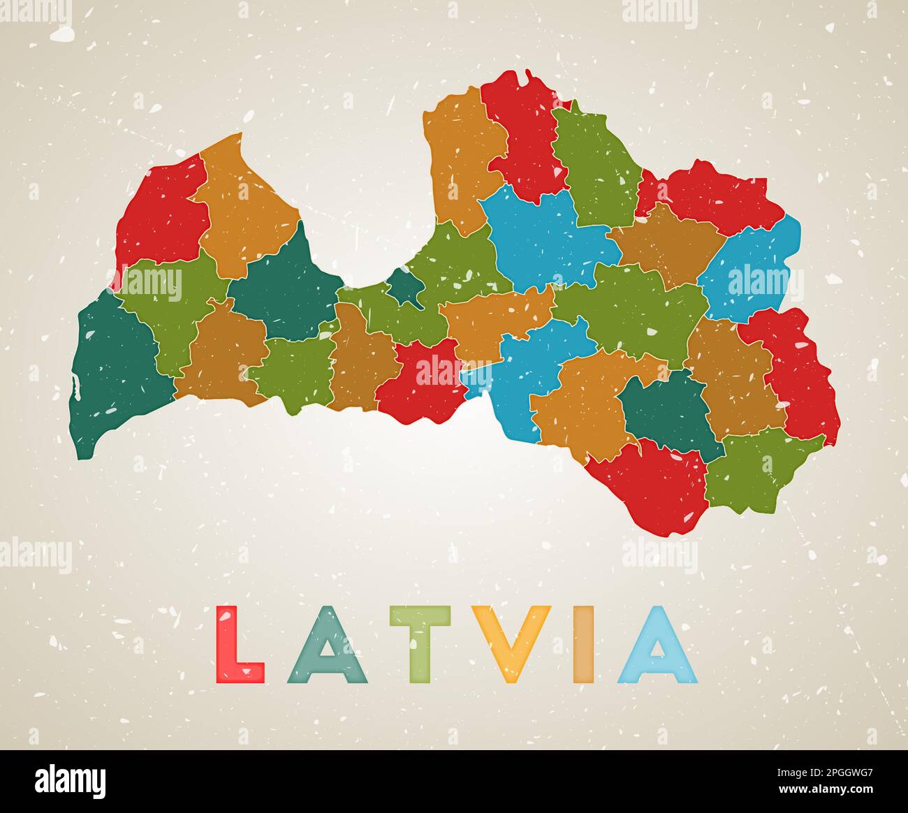 Latvia map. Country poster with colored regions. Old grunge texture. Vector illustration of ...