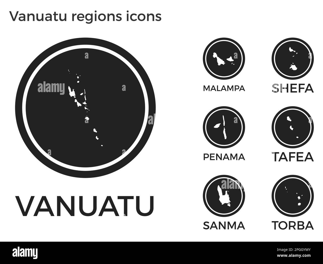 Vanuatu regions icons. Black round logos with country regions maps and ...