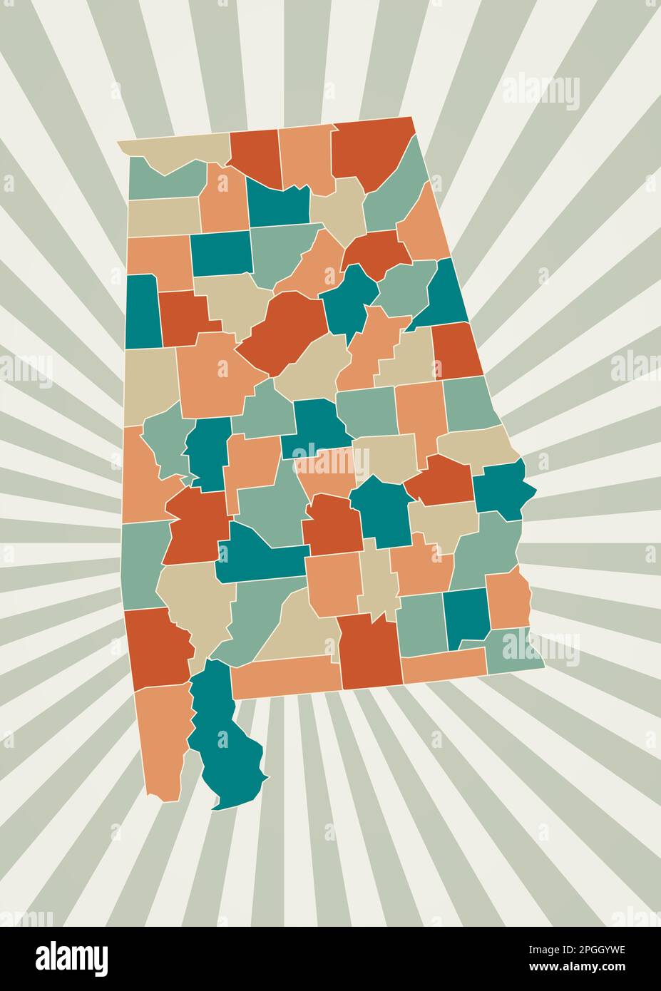 Alabama map. Poster with map of the US state in retro color palette ...