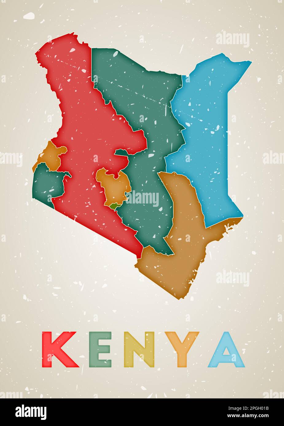 Kenya map. Country poster with colored regions. Old grunge texture. Vector illustration of Kenya ...