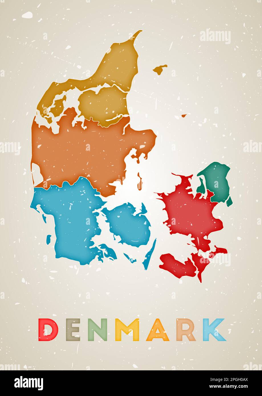 Denmark map. Country poster with colored regions. Old grunge texture. Vector illustration of ...