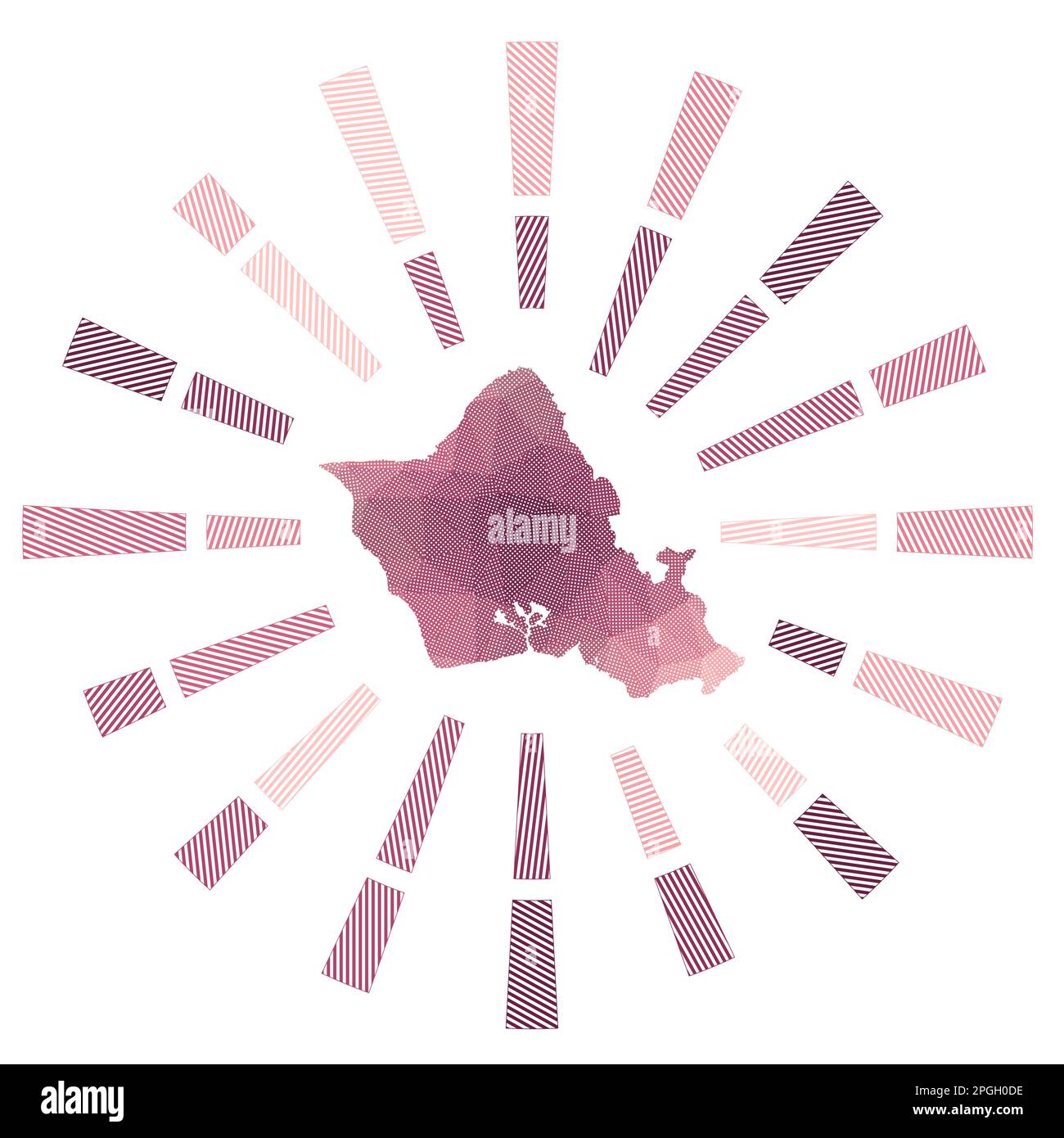 Oahu sunburst. Low poly striped rays and map of the island. Appealing ...