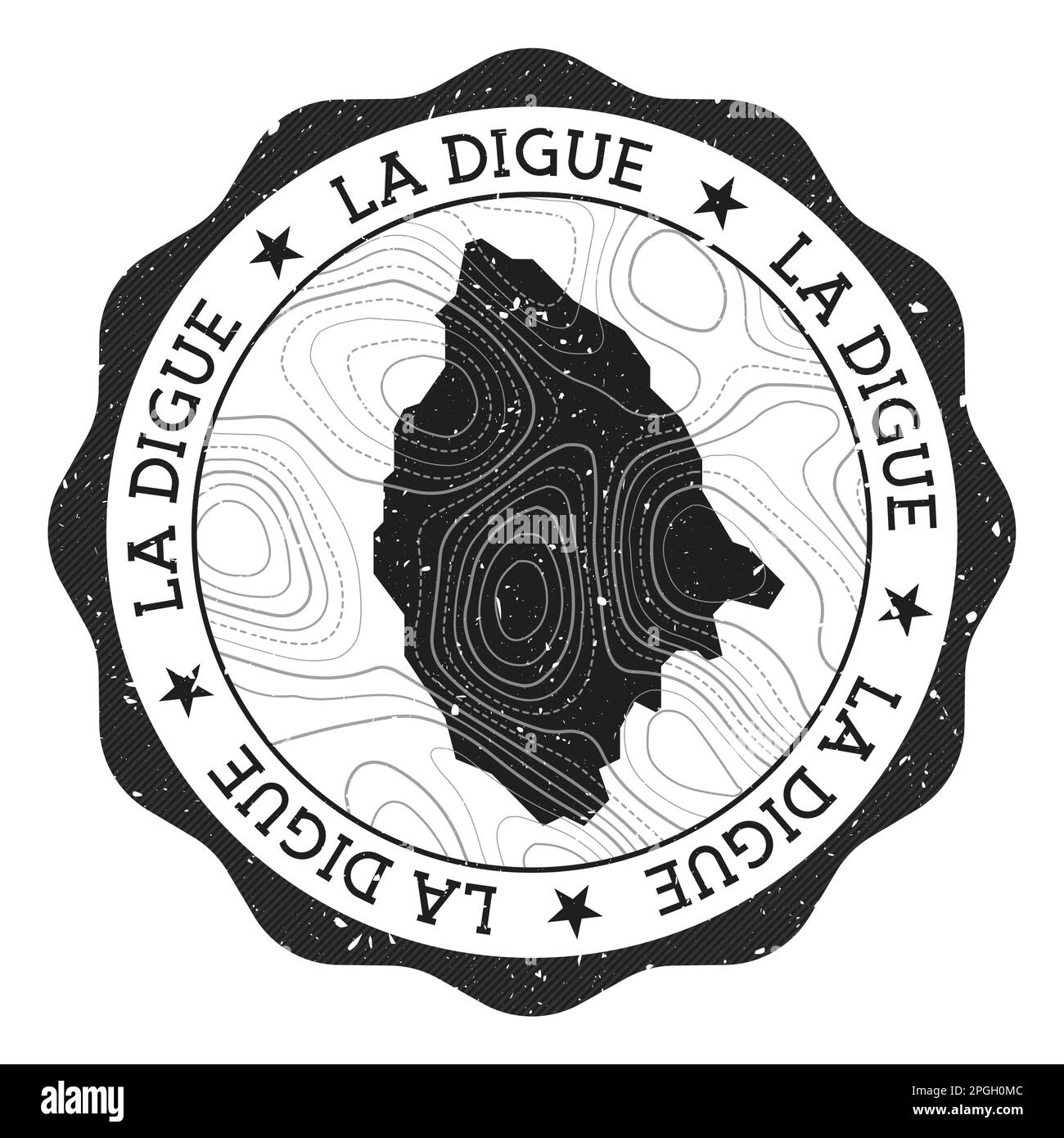 La Digue outdoor stamp. Round sticker with map of island with ...