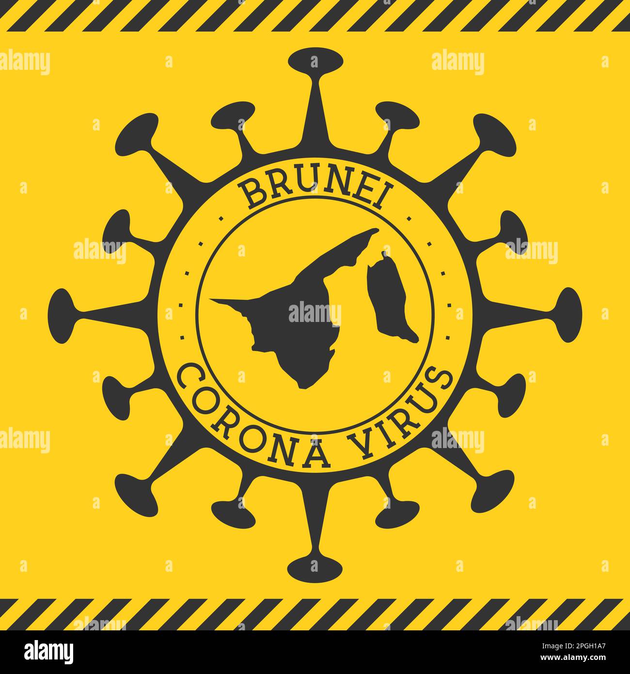 Coronavirus in Brunei sign. Round badge with shape of virus and Brunei ...