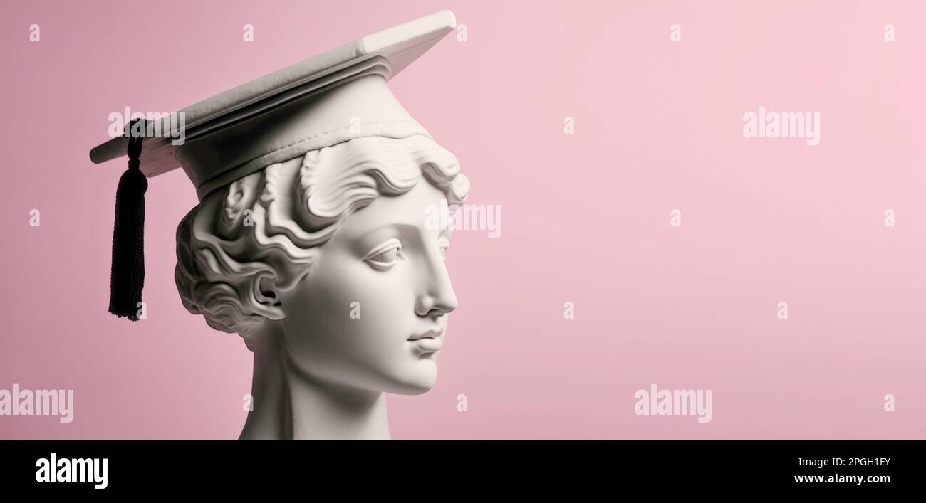 Plaster head of woman in a traditional Graduate cap, pink background ...