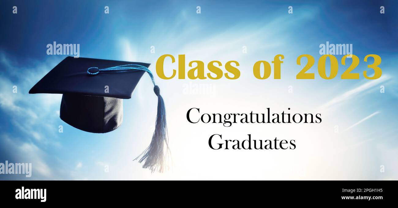 Graduation cap thrown up in blue sky, phrase Congratulations Graduates ...