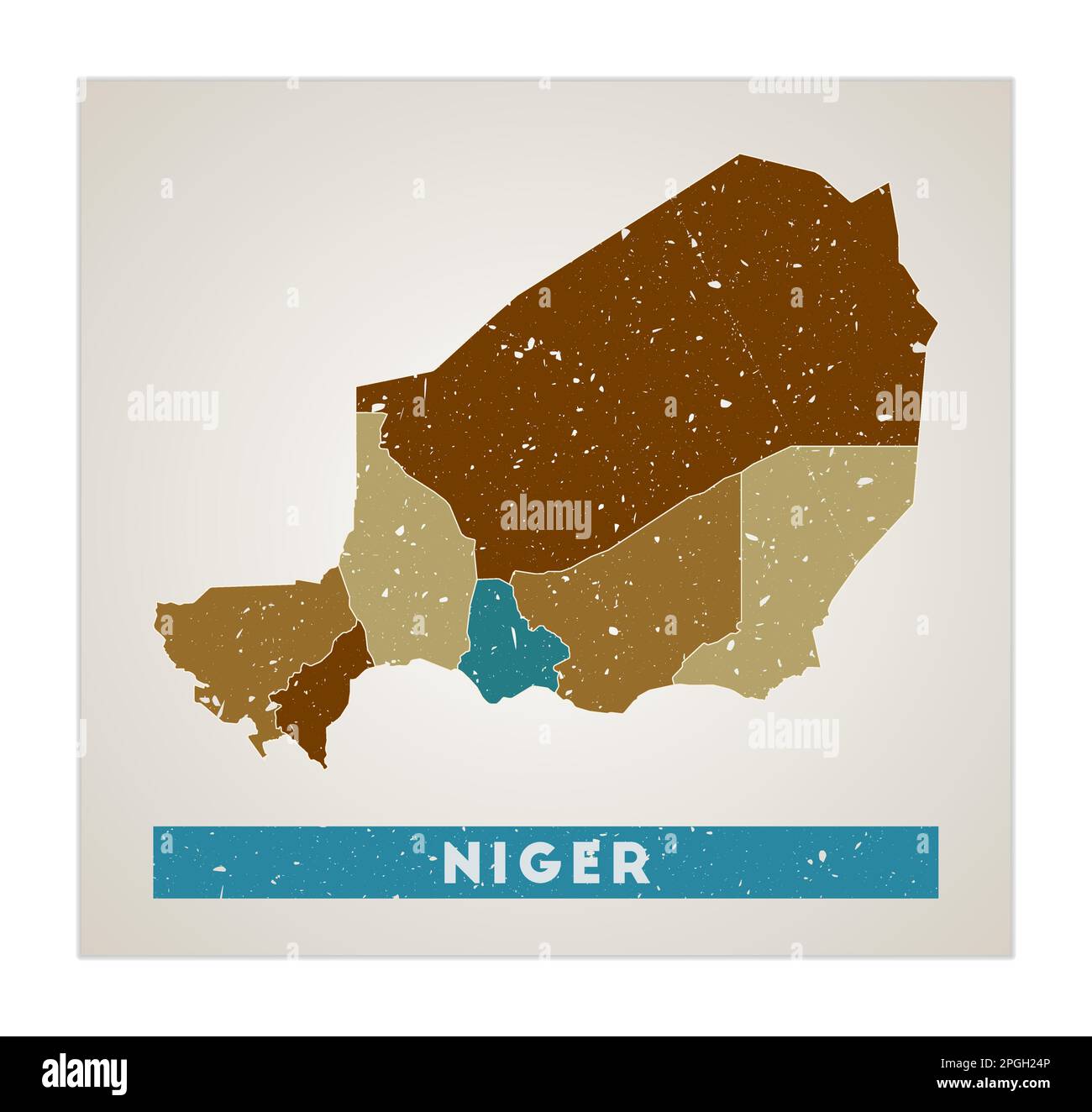 Niger map. Country poster with regions. Old grunge texture. Shape of ...
