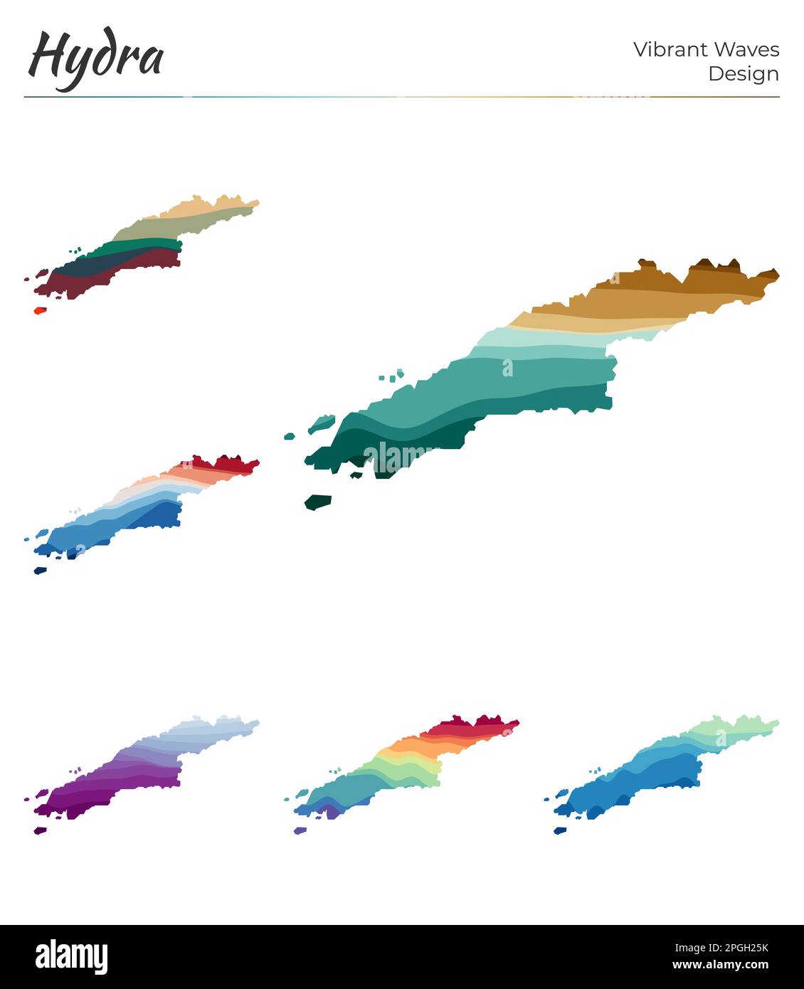 Set of vector maps of Hydra. Vibrant waves design. Bright map of island ...